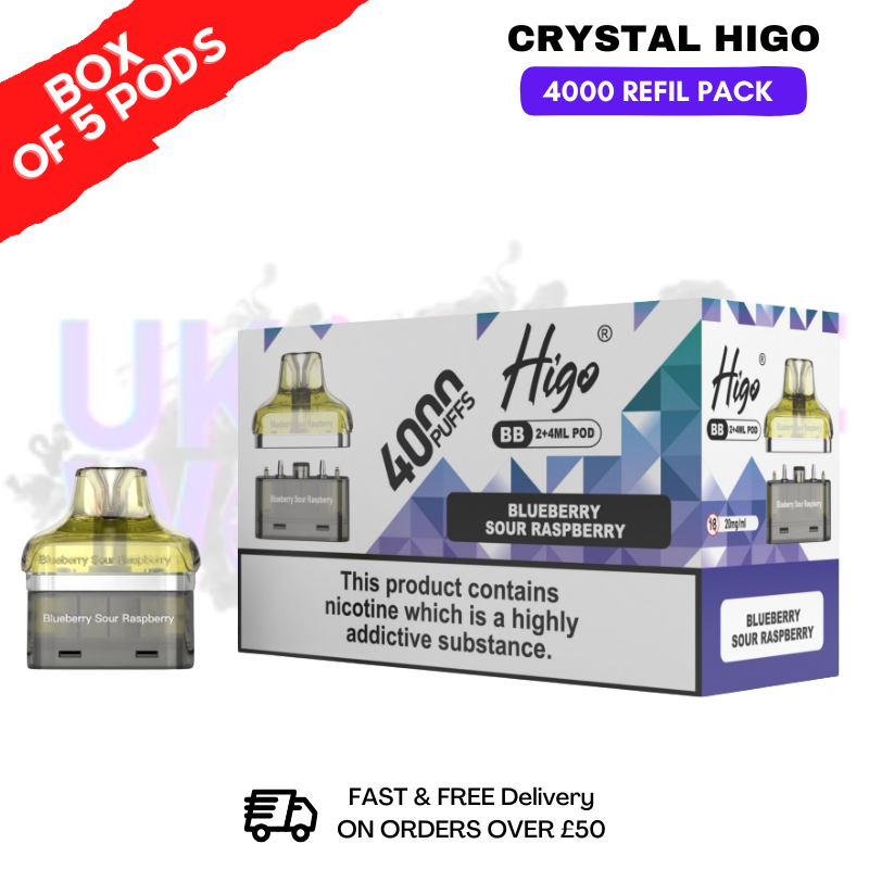 Blue Sour Raspberry Crystal Higo 4000 REFIL Pods BOX OF 5